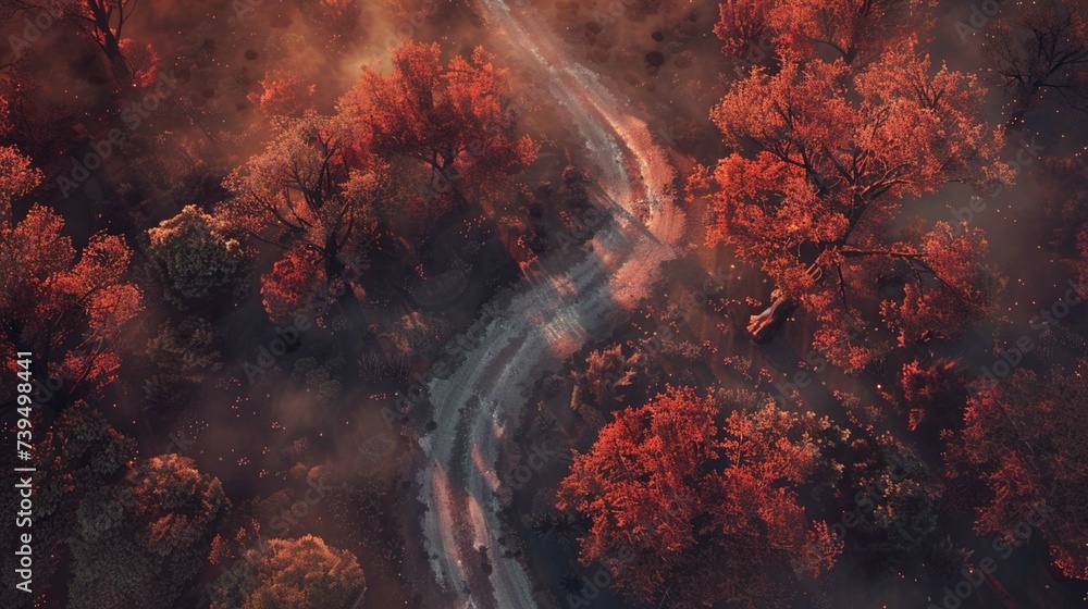 a top down battle map of a road through a forest, the sky is red, the ...