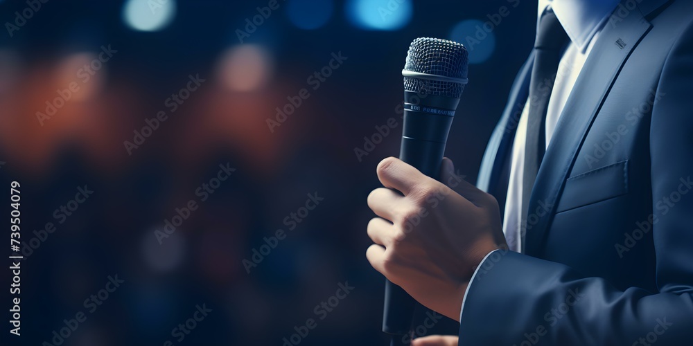 CEO giving a confident speech mic in hand under a blue spotlight ...