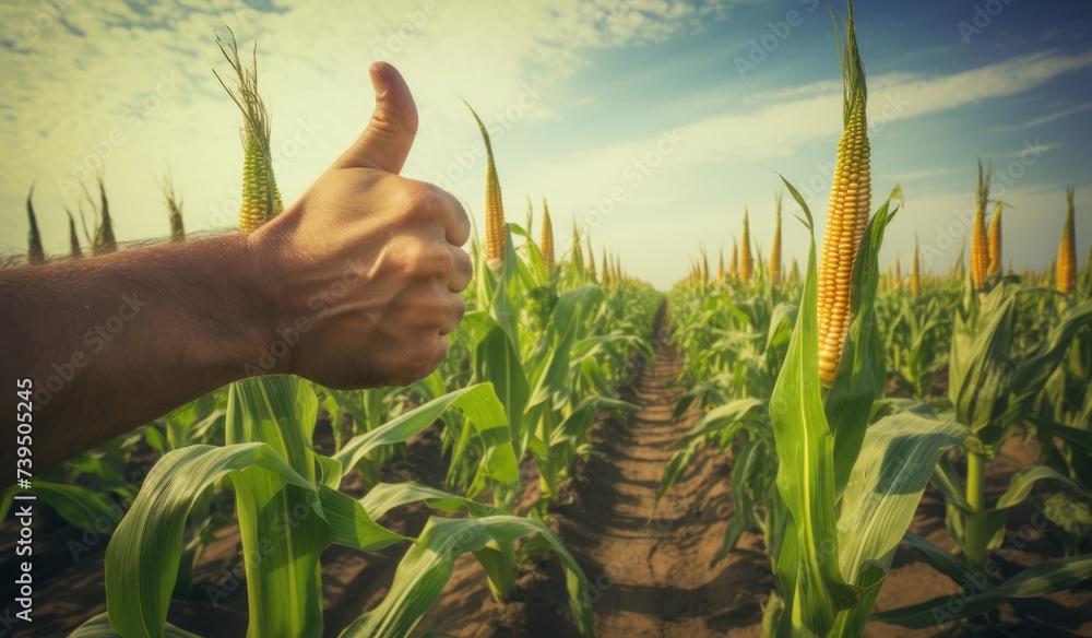 A positive gesture with a thumbs up in front of a healthy young corn ...
