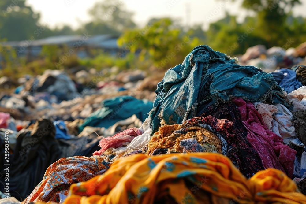 Heap of clothes tossed to a landfill. Fast fashion environmental impact ...