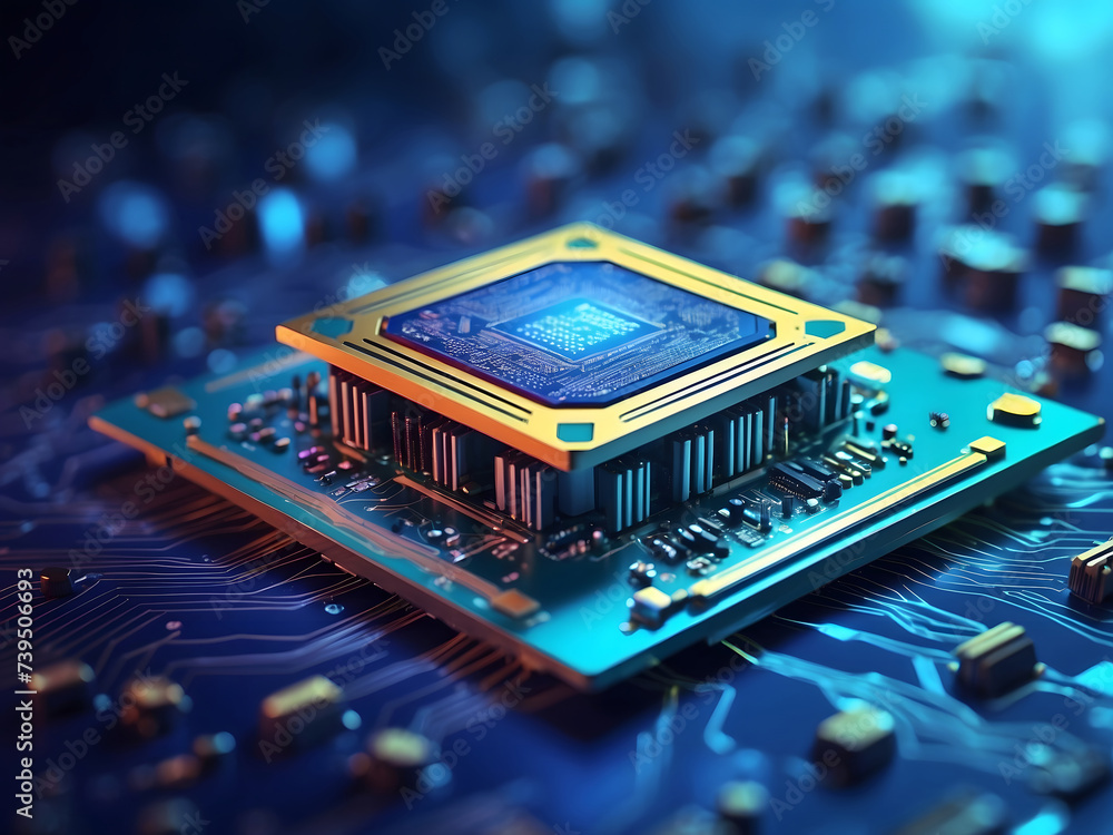Modern microprocessor with lights on a background of blue. Database ...