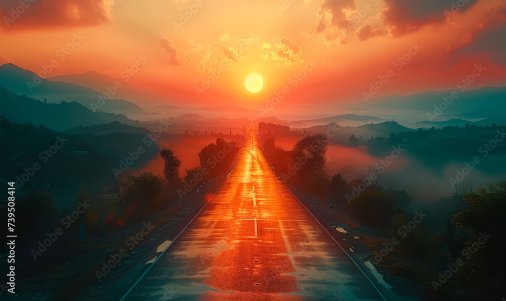 beautiful sun rising sky with asphalt highways road in rural scene use ...