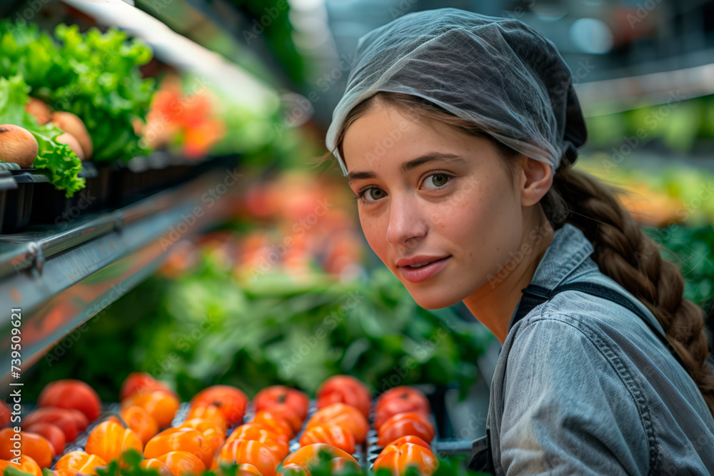Beautiful female farm owner smiling friendly at the organic vegetable ...