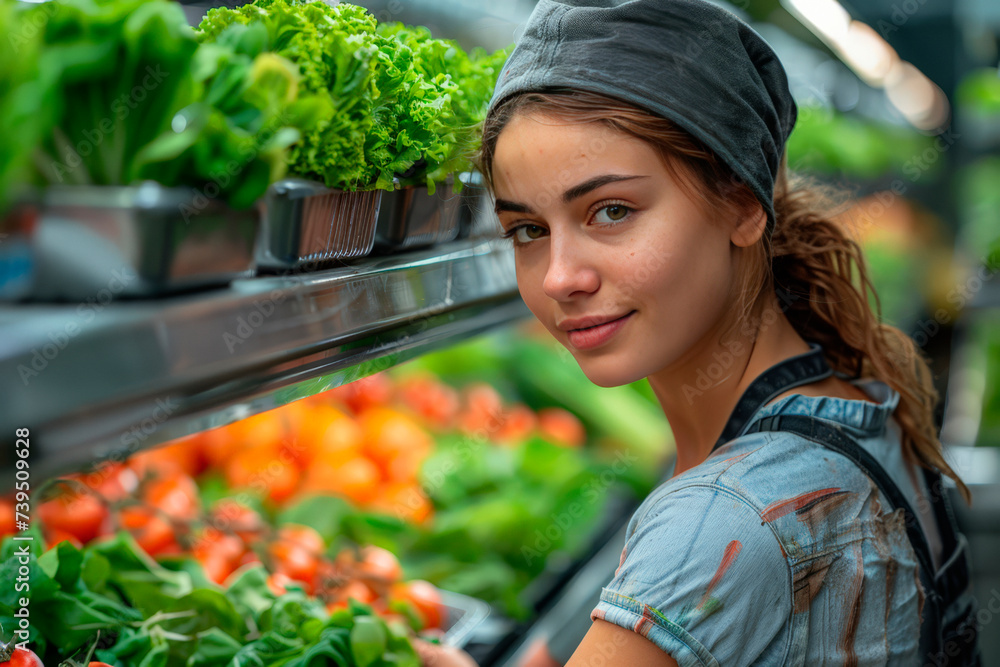Beautiful female farm owner smiling friendly at the organic vegetable ...