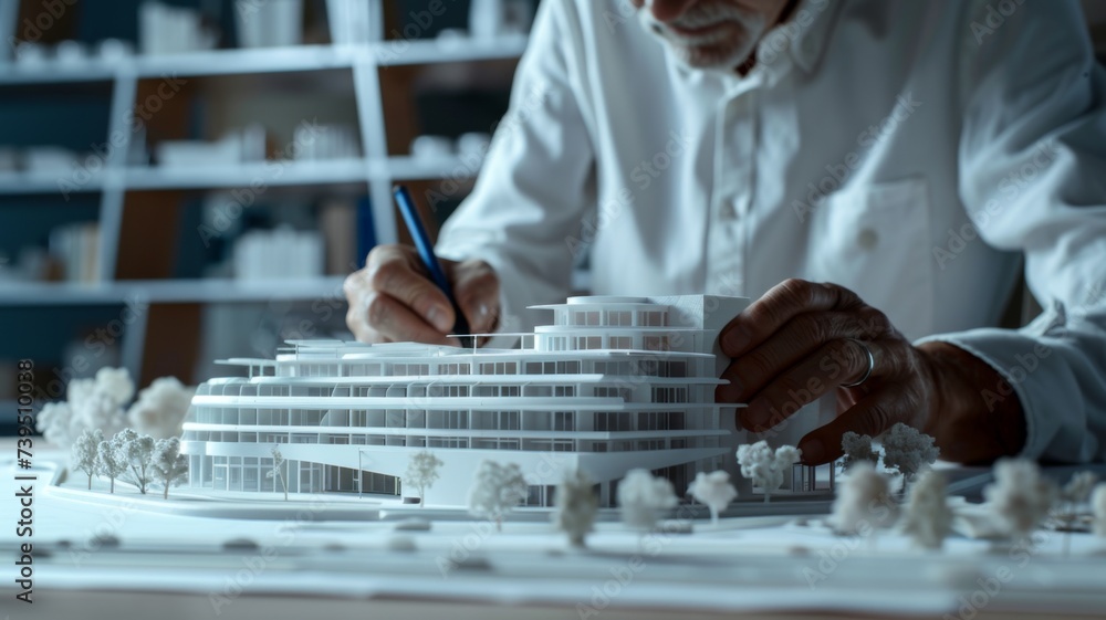 Architect Crafting a Scale Model - An architect meticulously adjusts a ...