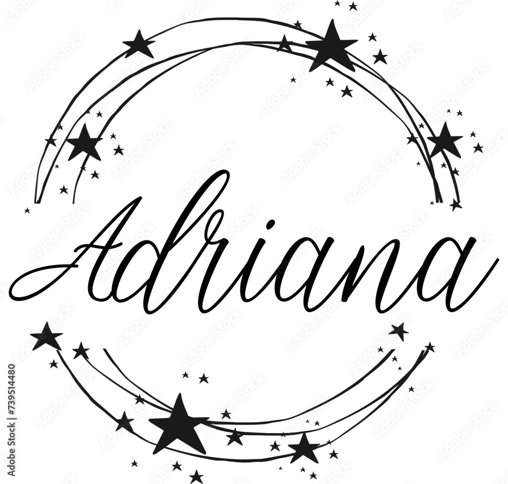 Adriana - name written between circles and stars, round logo, vector ...