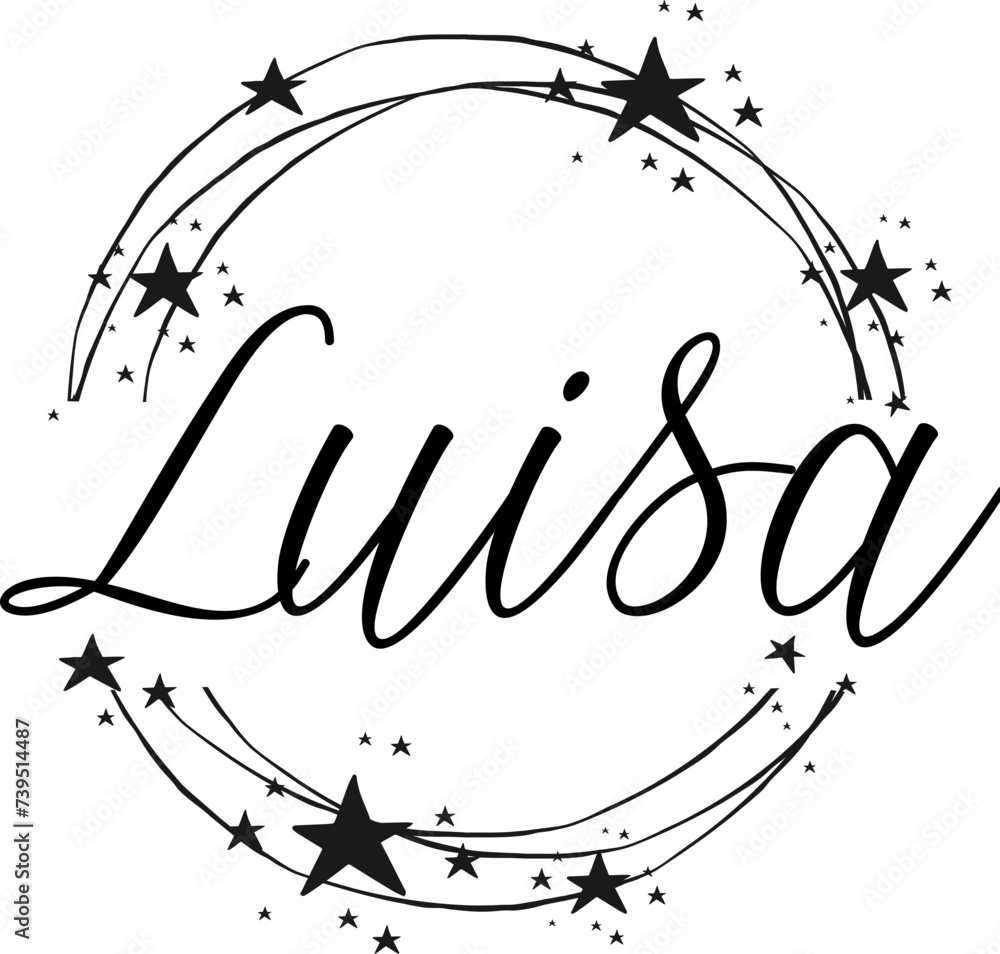 Luisa - name written between circles and stars, round logo, vector ...