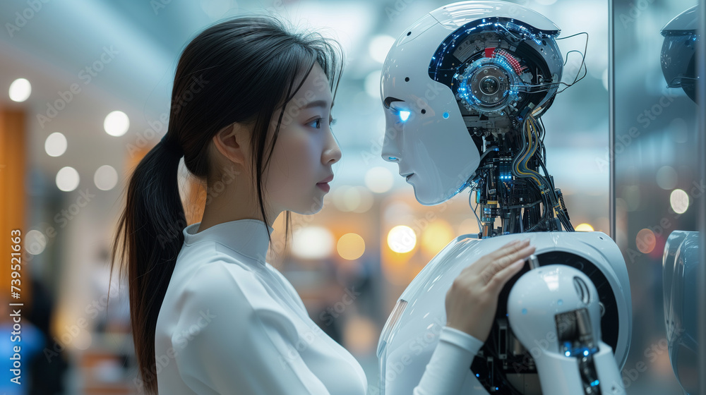 AI robot connecting with humans face to face. Relationships with AI bot ...