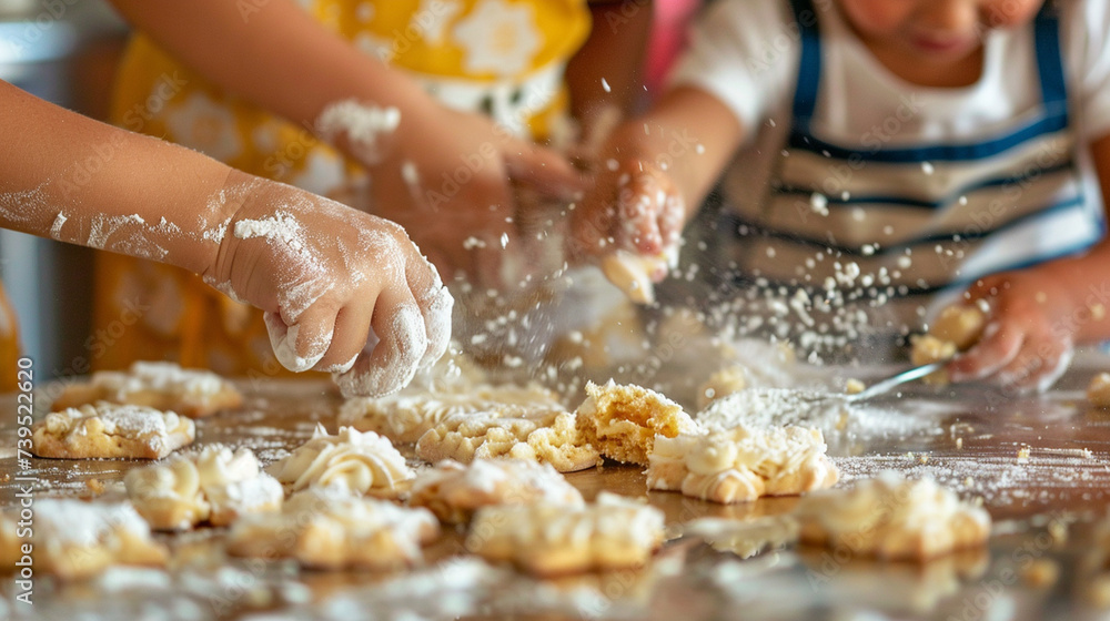 Parents and children baking cookies together in the kitchen, learning ...