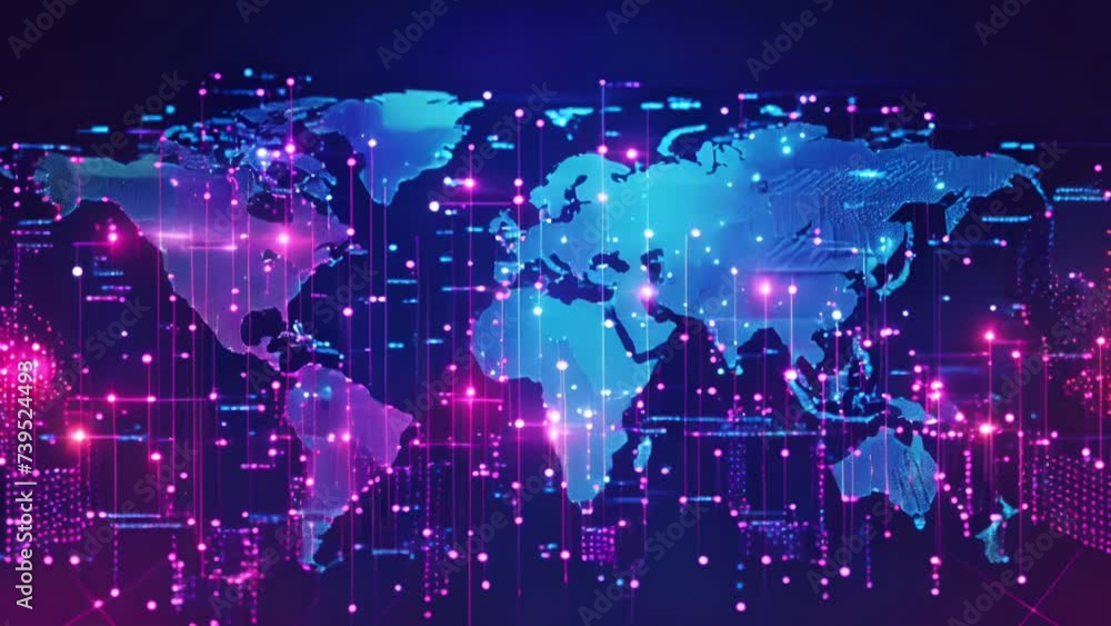 digital map of planet earth with electronic pink lights global ...