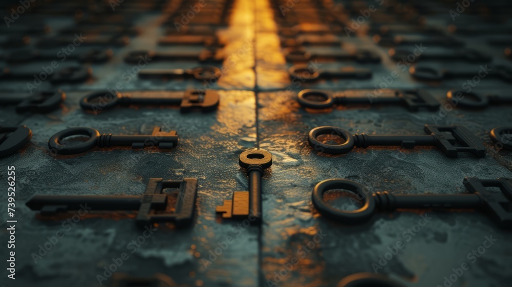 Key and many padlocks. Find the right lock of a key. Make an approach ...