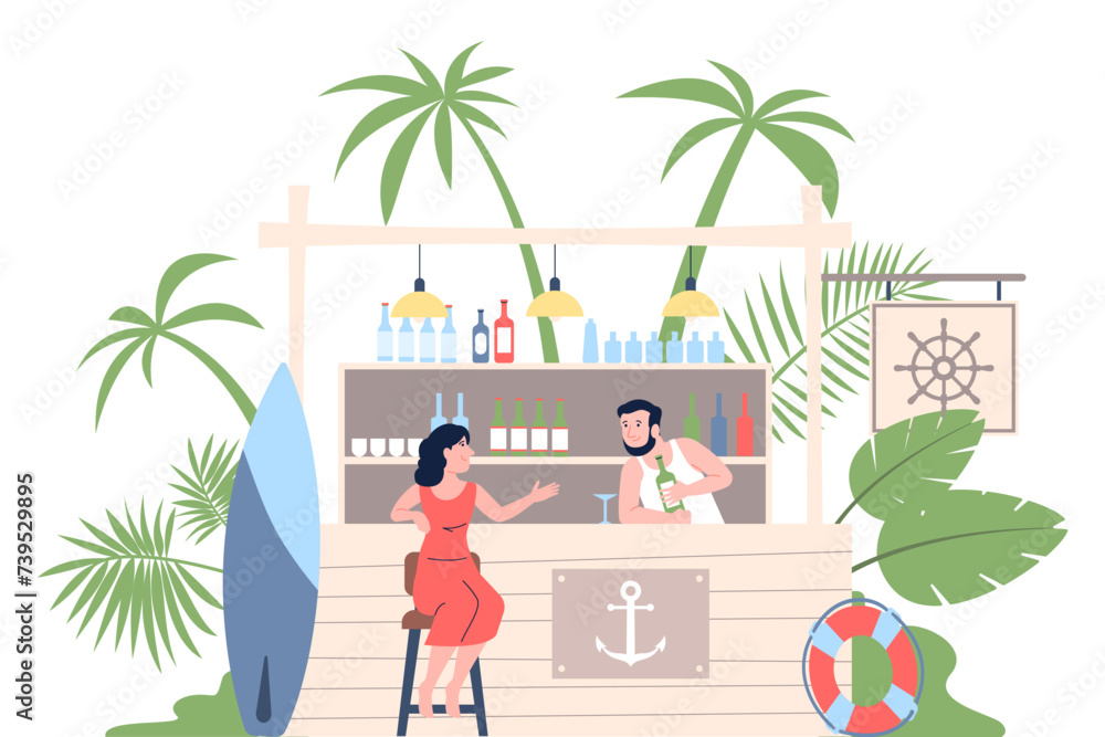 Girl in beach bar. Woman on summer vacation, drinks and communication ...