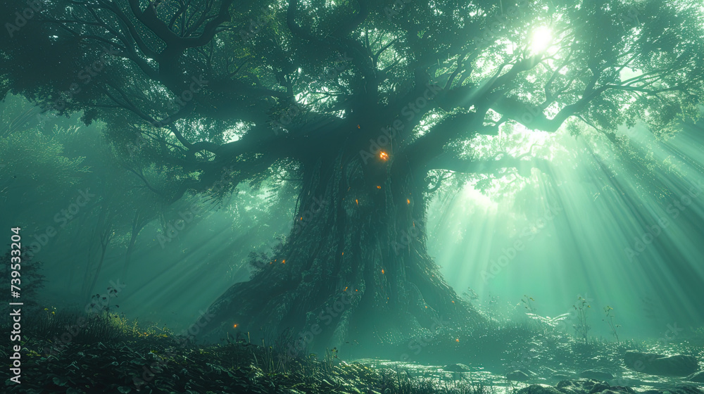 Legendary jungle with powerful giant trees and mystical creatures, like ...