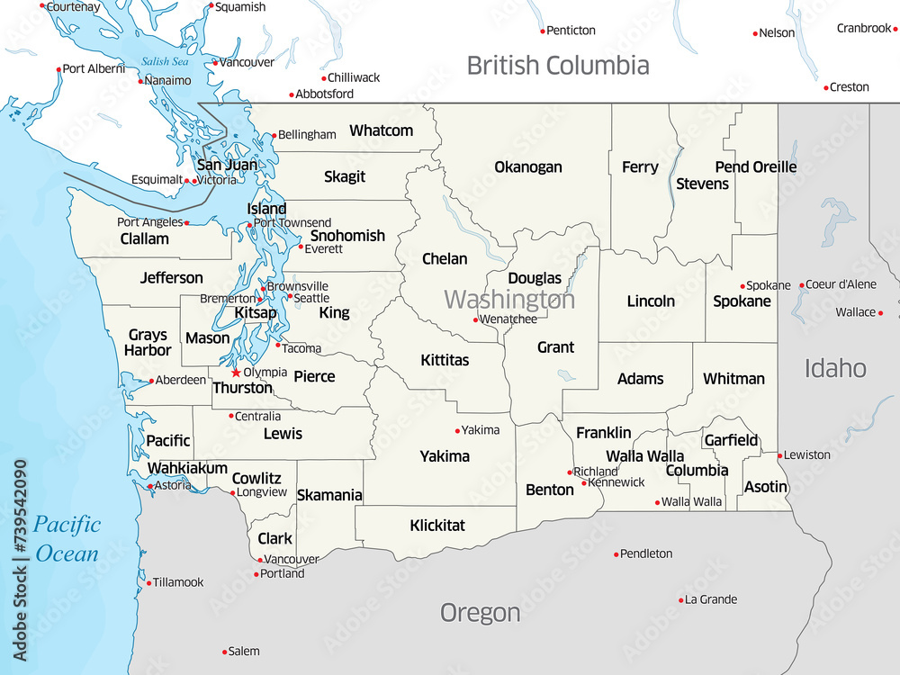 Political map showing the counties that make up the state of Washington ...