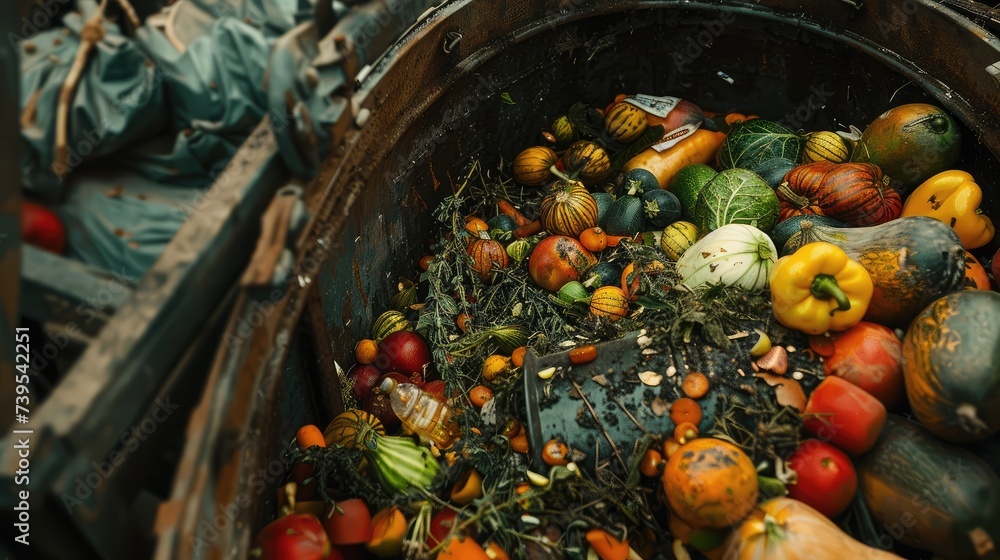 Expired Organic bio waste Mix Vegetables and fruits in a huge container ...