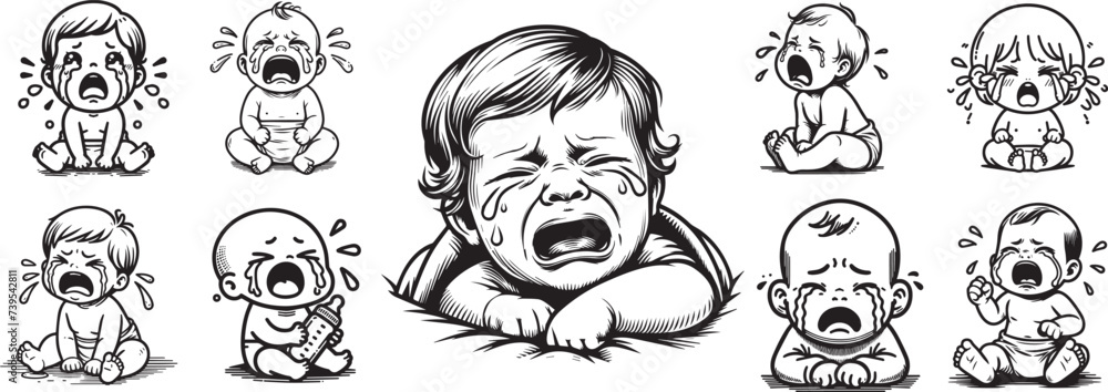 cute crying baby character set, angry child black and white vector ...