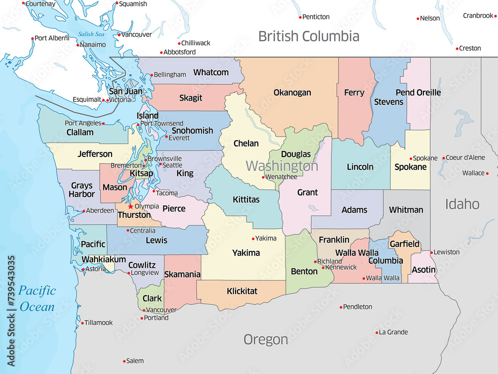 Political map showing the counties that make up the state of Washington ...