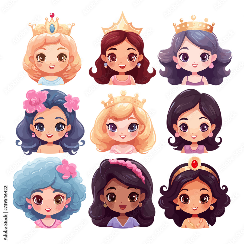 Pretty princesses avatars cartoon bundle. Magic beautiful characters ...