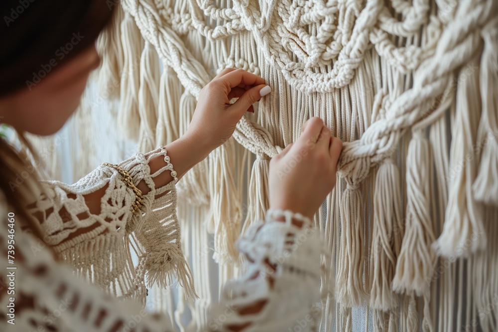 Focused artisan carefully knotting and creating a macramé wall hanging ...