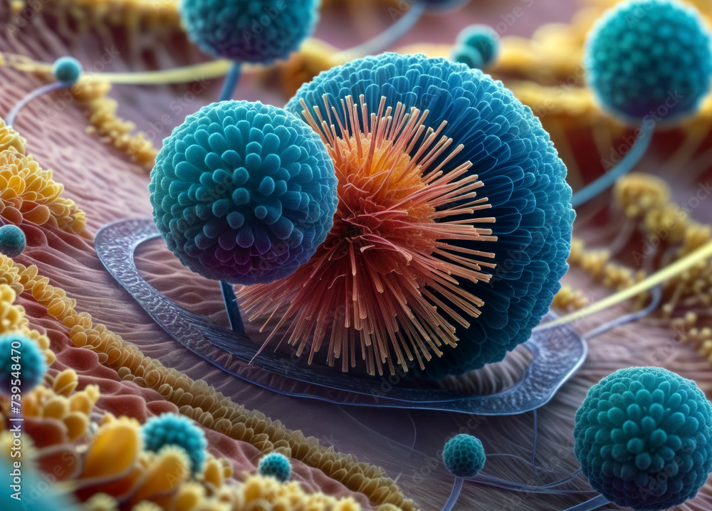 orange and blue 3D model of the Herpes Simplex Virus is in the center ...