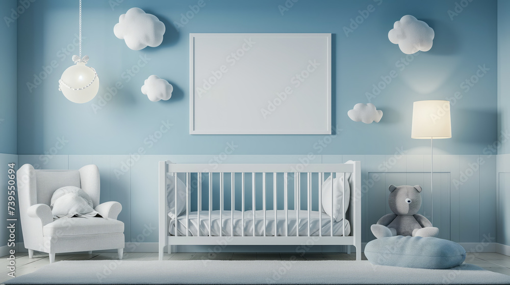Minimalist baby bedroom with white furniture and cloud decorations on a ...
