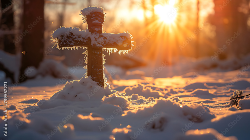 cinematic shot of a cross in the snow. Sun is rising from the back of ...
