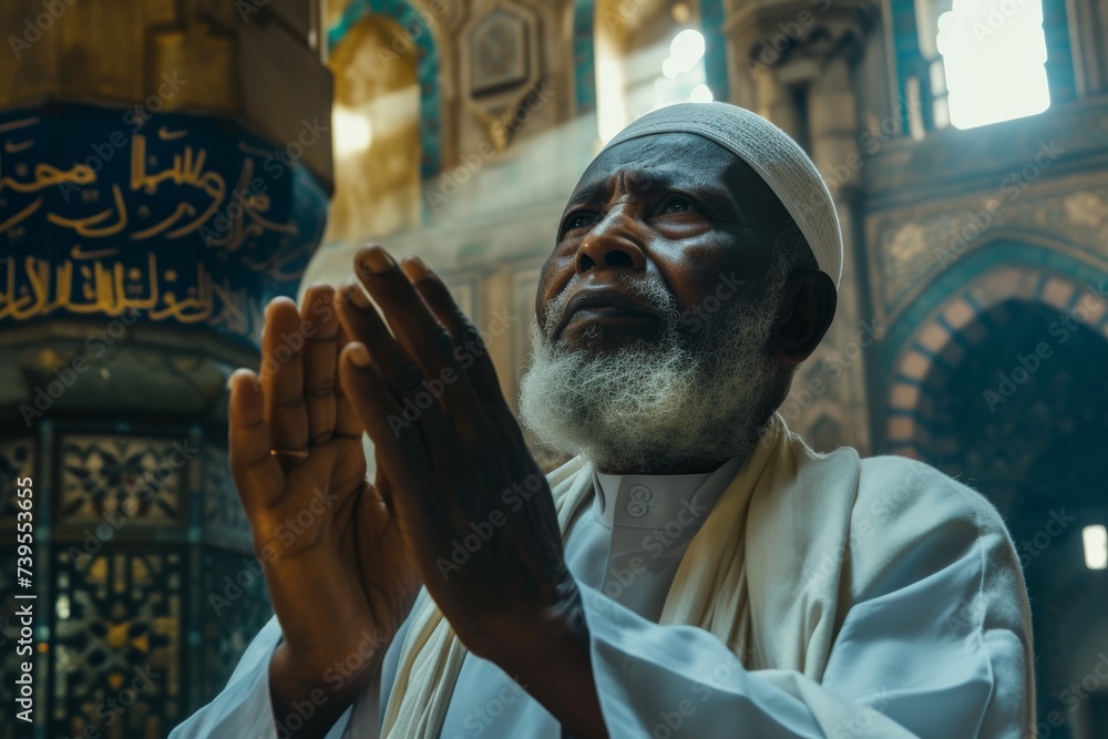 Religious senior long bearded african american muslim man praying in ...