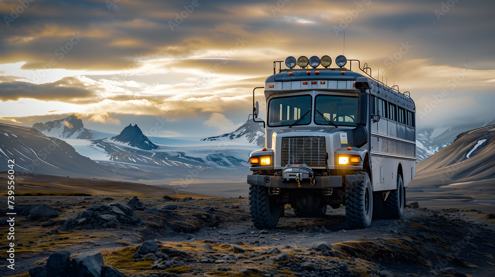 An all-terrain bus designed for adventure tours navigating through ...