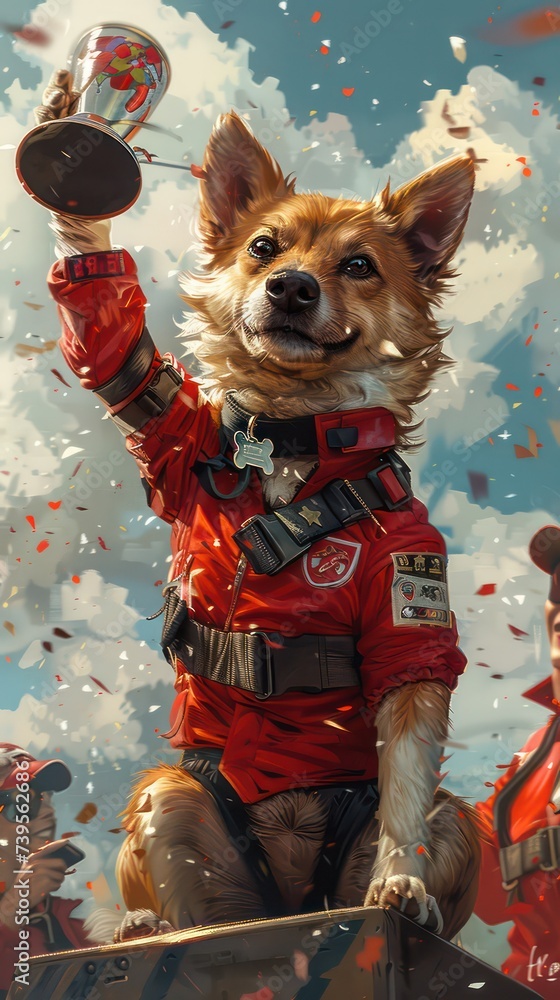 A triumphant dog in a red racing suit standing on the podium holding up ...