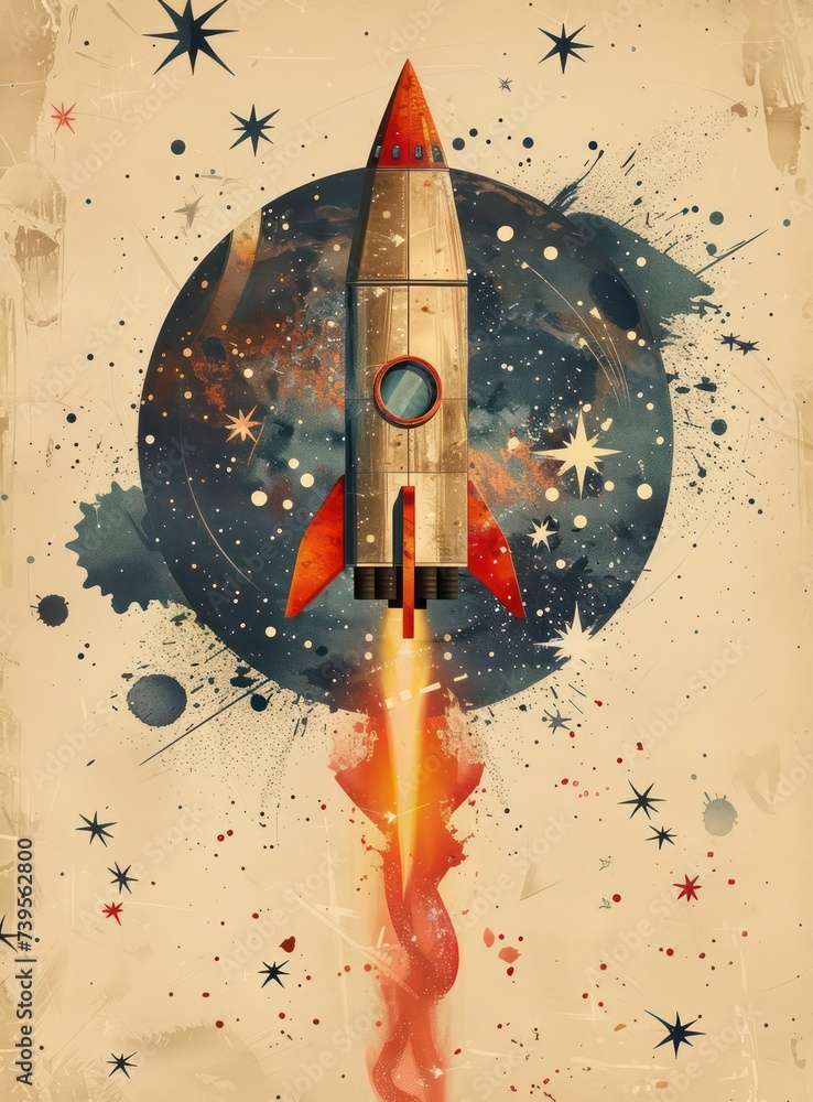 art print with a rocket with stars in the style of soft watercolours ...