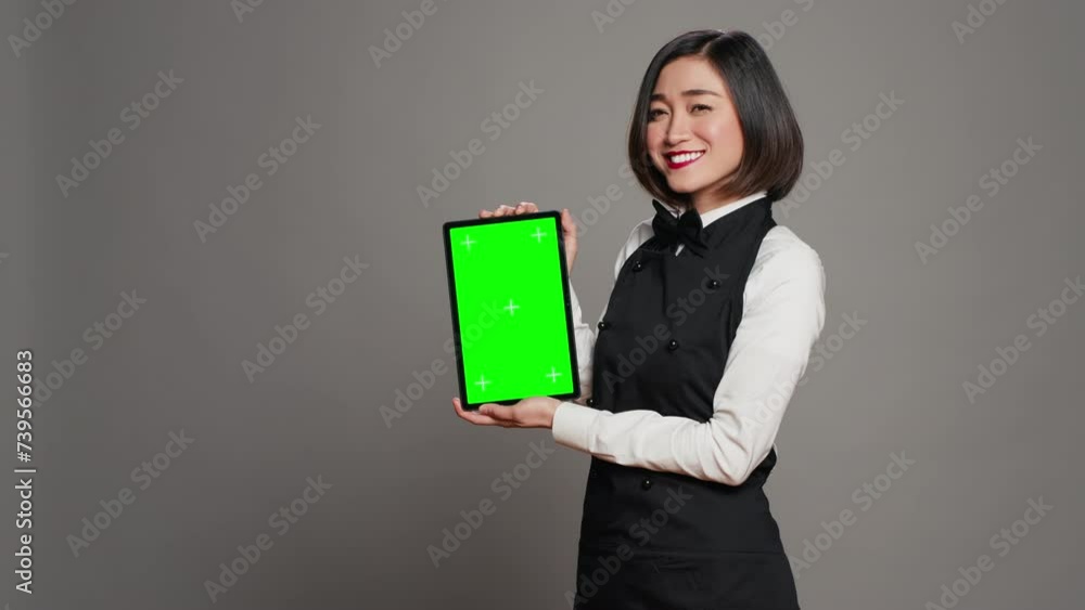 Asian restaurant hostess showing greenscreen display in studio ...