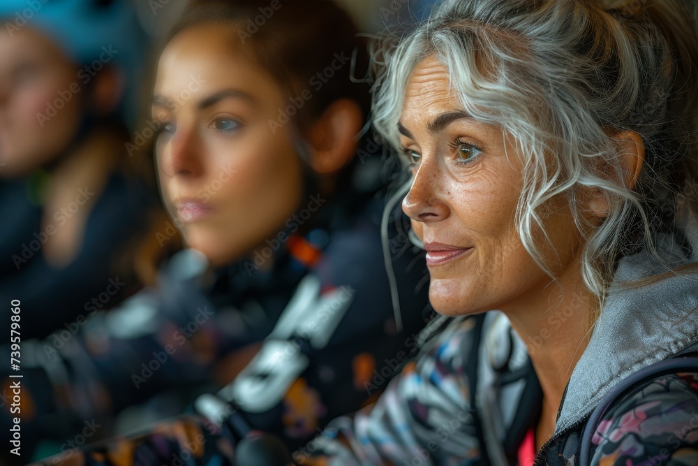 A woman's gaze averted, her expression serene as she stands beside ...