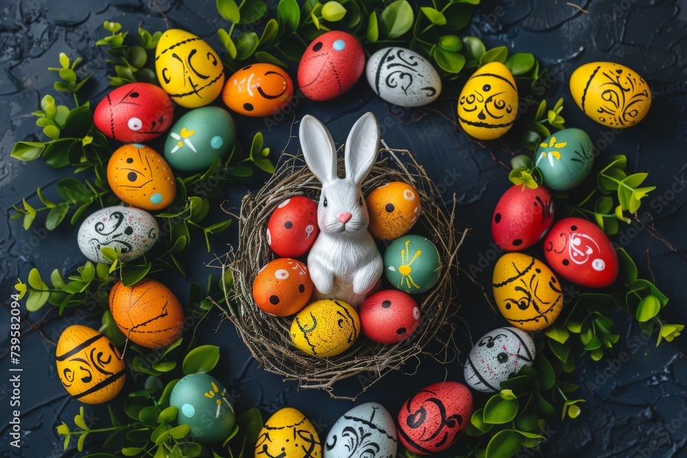 Happy Easter Eggs Basket Orange Juice. Bunny in Summer bloom flower ...