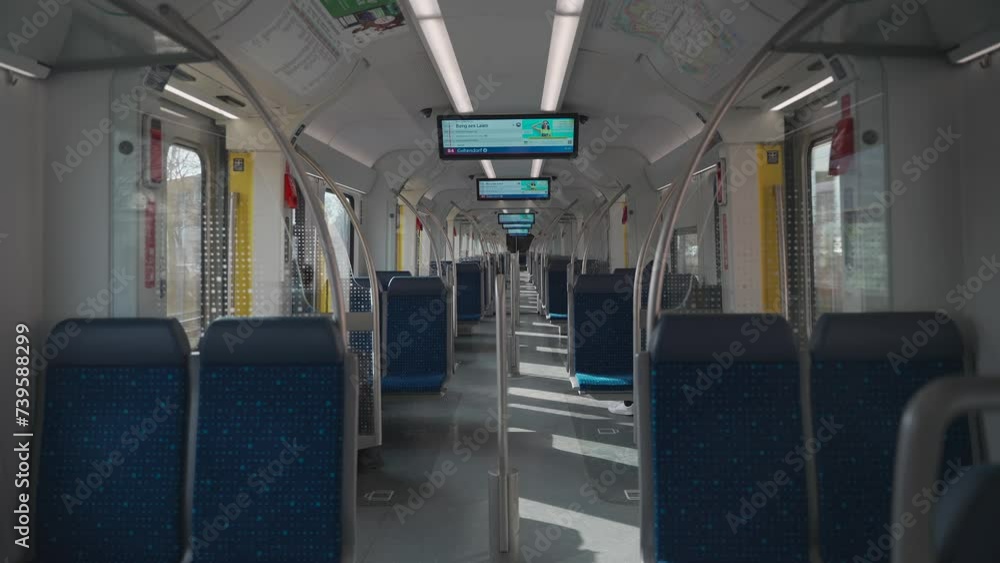 Empty suburban train coach in Munich, Germany. Interior with blue seats ...