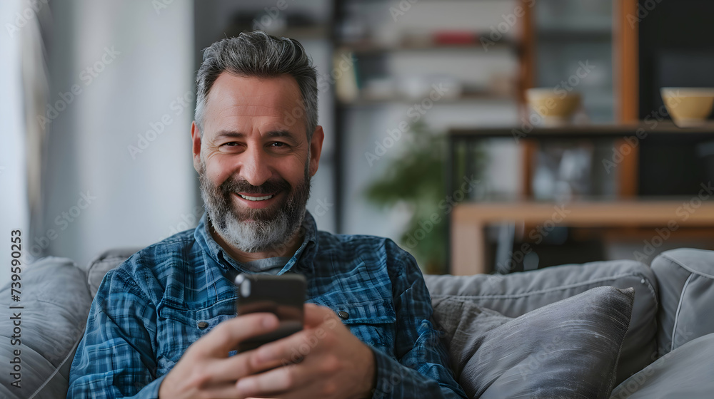 Smiling happy mature middle aged man holding cell mobile phone using ...