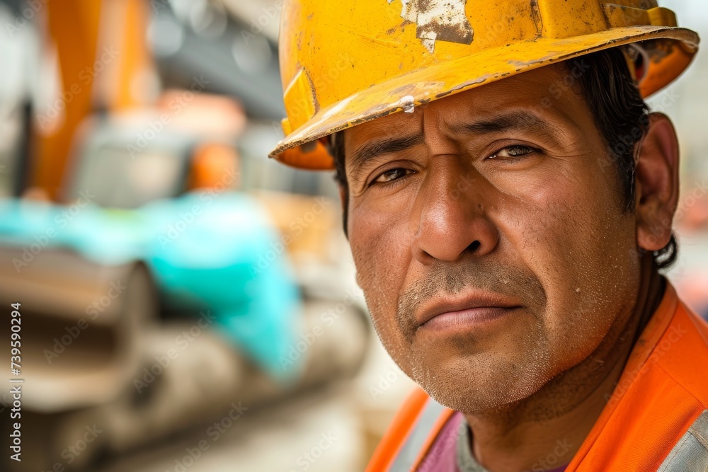 Latin American construction worker posing for a portrait making eye ...