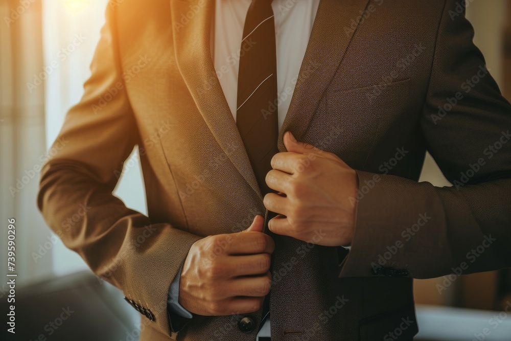 Man getting ready for work symbolizes business success putting on a ...