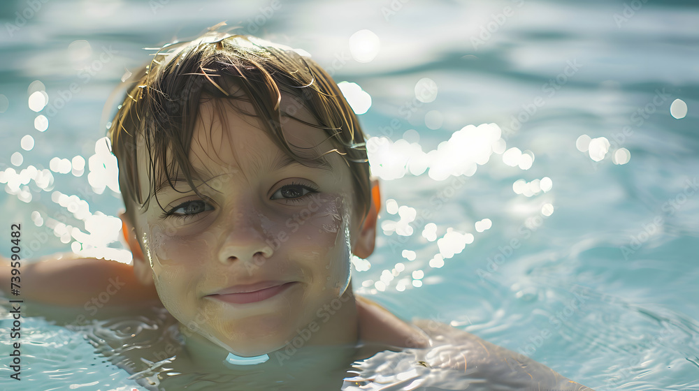 boy swimming in pool during summer vacation. Happy kid having fun ...