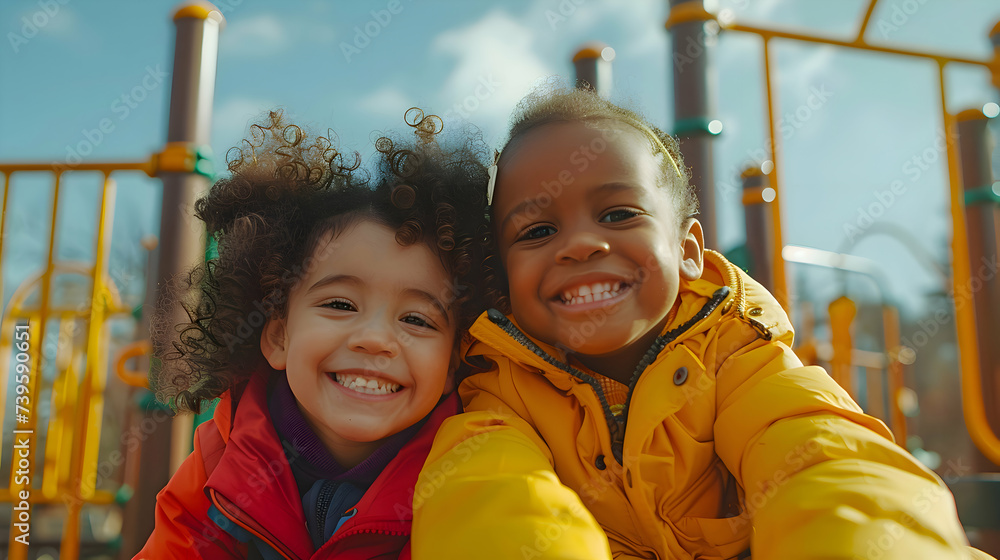 two happy mixed race children playing on the playground. Kids having ...