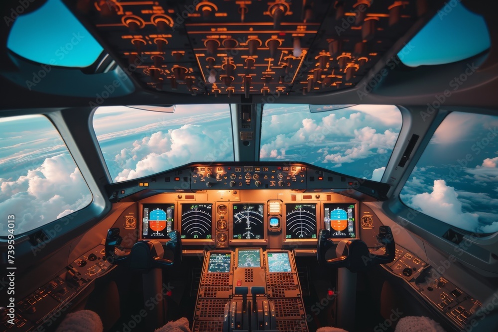 Jet cockpit with flight deck display throttle control panel cabin ...