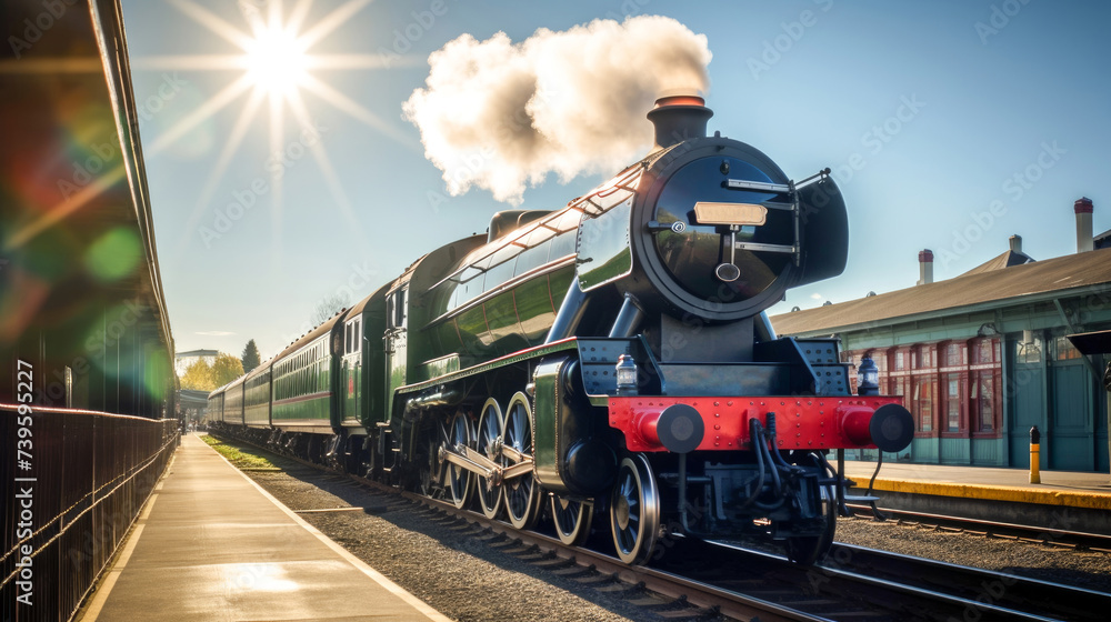 Vintage steam train with ancient locomotive and old carriages on ...