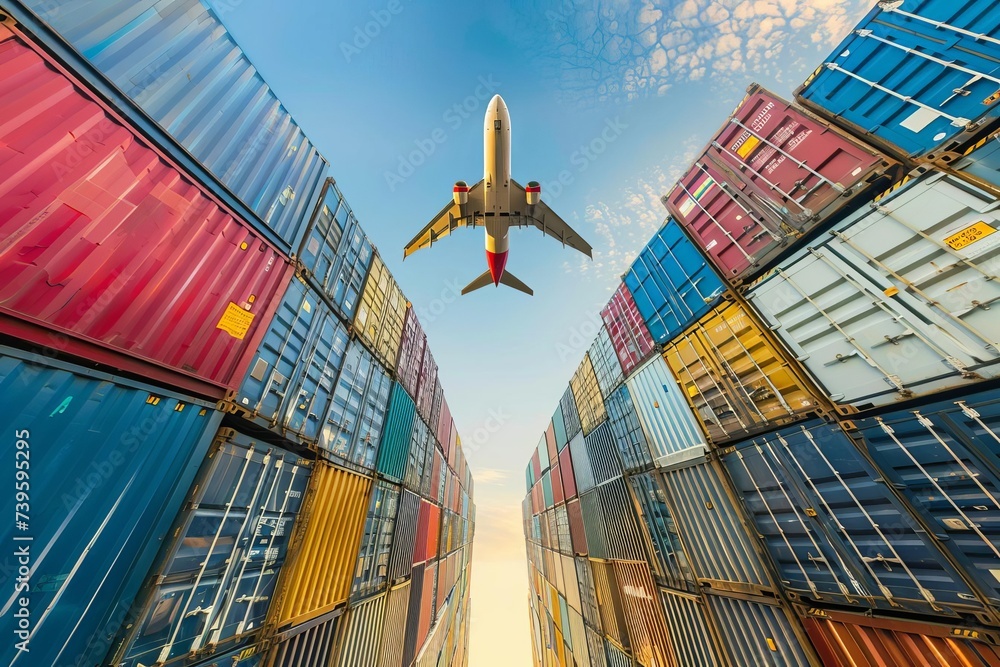 Air freight operation showcasing a cargo plane traversing clear skies ...