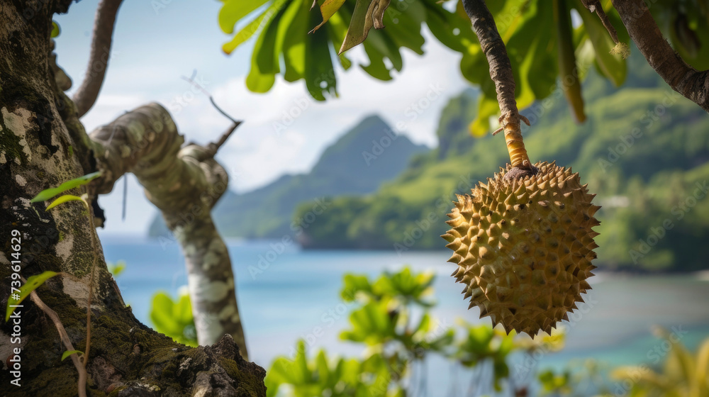 Foto de A small pearshaped fruit hanging from a short stubby tree in a ...