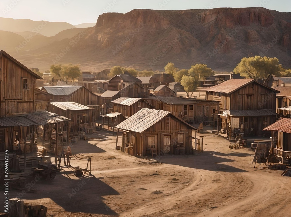 Dusty Rugged Wild West Village with Wooden Houses and Valleys during ...