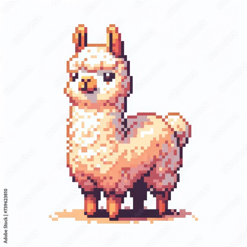 Pixel art of a llama (Lama glama) with a white background, in the style of early 90s video game ...