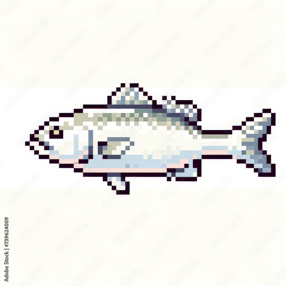 Pixel art of a sea bass with a white background, in the style of early ...