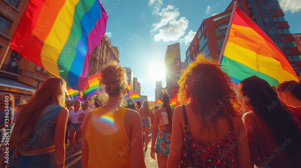 people in the pride parade. A group of people on the city street with a ...