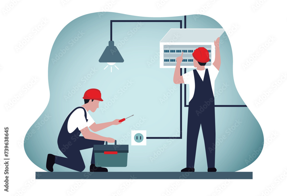 Electricians in the uniform repair electrical elements. Electric ...