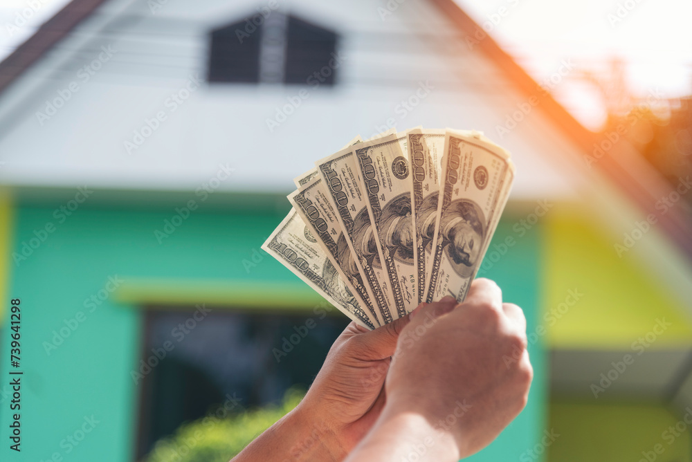 Hand holding loan money dollar bank note give financial payment. Man ...