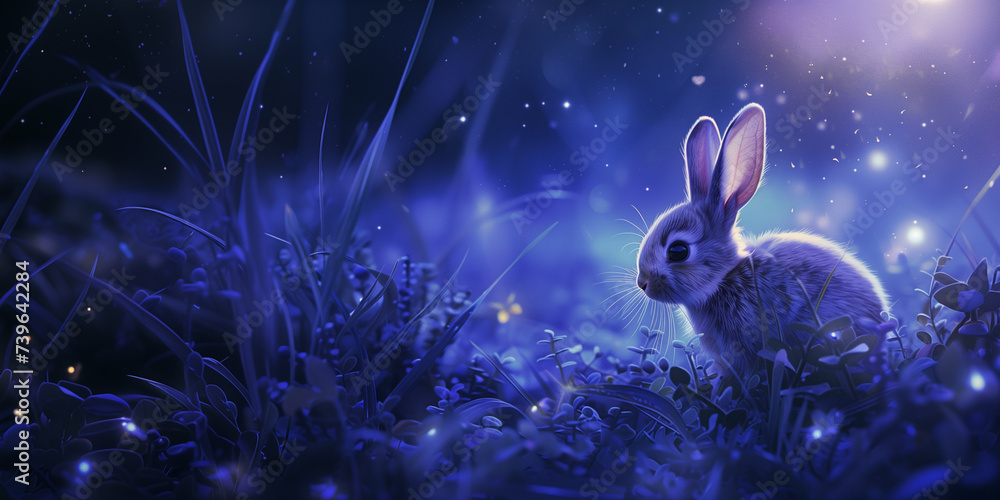 A nimble rabbit bathed in soft lavender glow, surrounded by a million ...